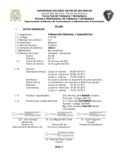 Sílabo De Formacion Personal Y Humanistica 2022 Pdf Evaluación