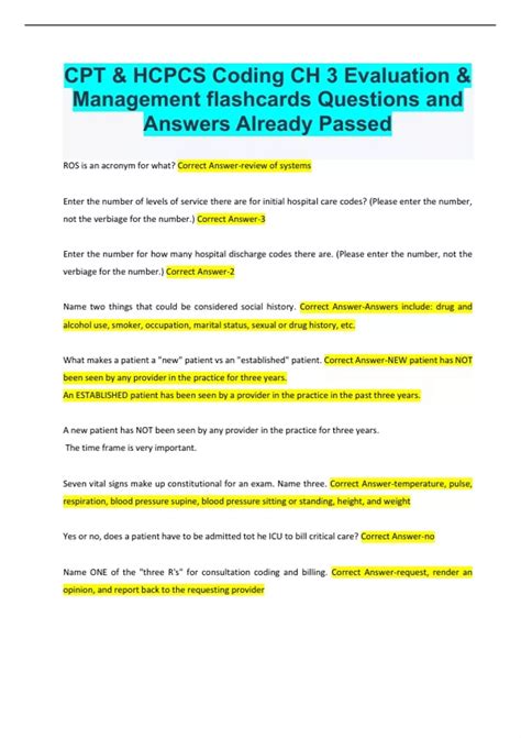 CPT HCPCS Coding CH 3 Evaluation Management Flashcards Questions