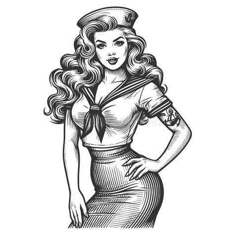 Sailor Pin Up Girl Posing Engraving Vector Stock Vector Illustration