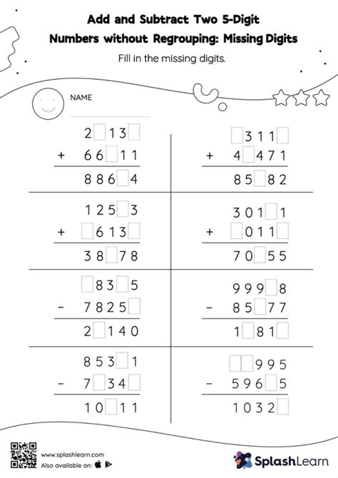 Add And Subtract Two 5 Digit Numbers Without Regrouping Missing Digits Worksheet