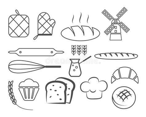 Sistema De Línea Iconos De La Panadería Y De Elementos Del Diseño