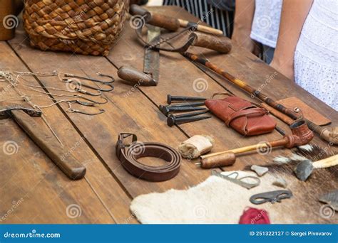 Tools For Leather Processing Carving Of A Medieval Master Stock Image