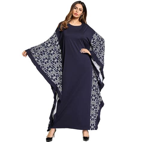 Muslim Cotton Print Maxi Dress Abaya Bat Sleeve Long Robe Gowns Kimono