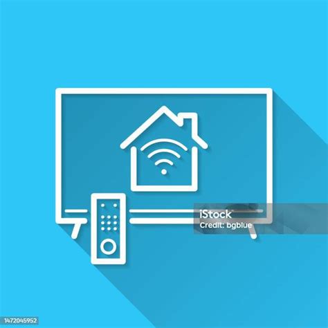 스마트 홈이 있는 Tv 파란색 배경에 아이콘 긴 그림자가 있는 평면 디자인 3차원 형태에 대한 스톡 벡터 아트 및 기타 이미지