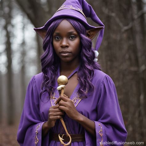 Dark Skinned Female Elf With Purple Hair And Purple Robes And Wizard