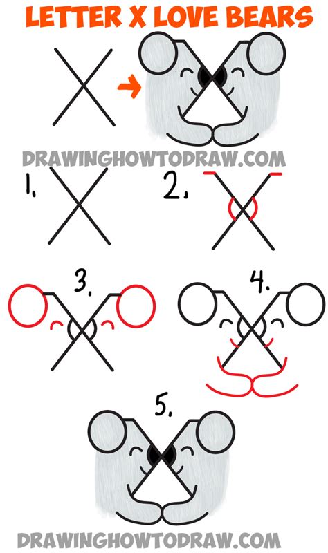 How To Draw Two Bears In Love From The Letter X Simple Steps Drawing Tutorial How To Draw
