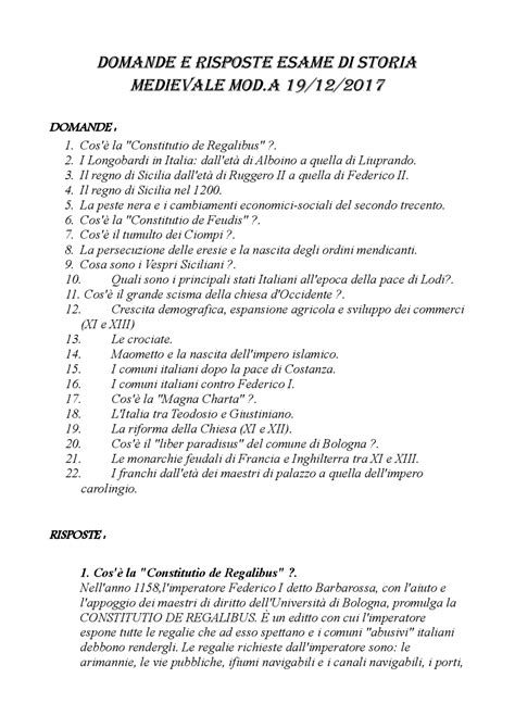 Domande E Risposte Riassuntive Della Storia Medievale Docsity
