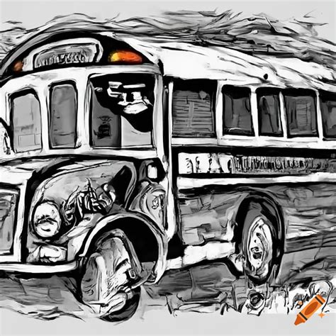 Black And White Cartoon Of A School Bus On Craiyon