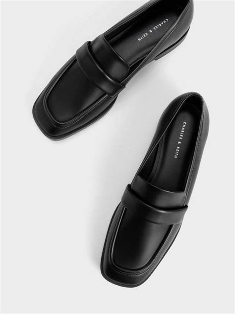 Charles And Keith Square Toe Penny Loafers Black Womens Fashion