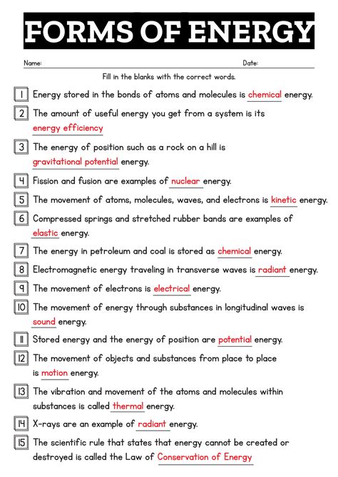 Types Of Energy Worksheet With Answers