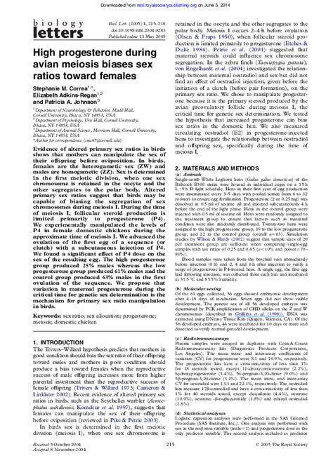 Pdf High Progesterone During Avian Meiosis Biases Sex Ratios Toward