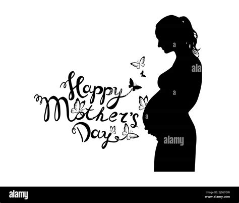 Happy Mothers Day Handwritten Lettering Silhouette Of A Pregnant