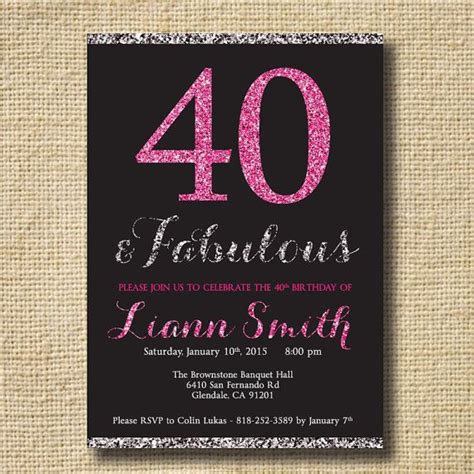 40th Birthday Glitter Invitation Women Forty And Fabulous Etsy