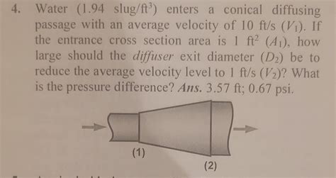 Solved Water 194slugft3 Enters A Conical Diffusing