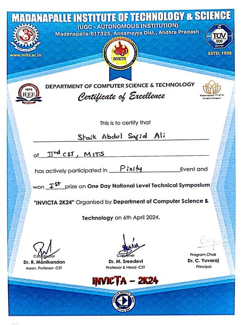 Shaik Abdul Sajid Ali On Linkedin Achievement Excellence Invicta2k24 Mits Computerscience
