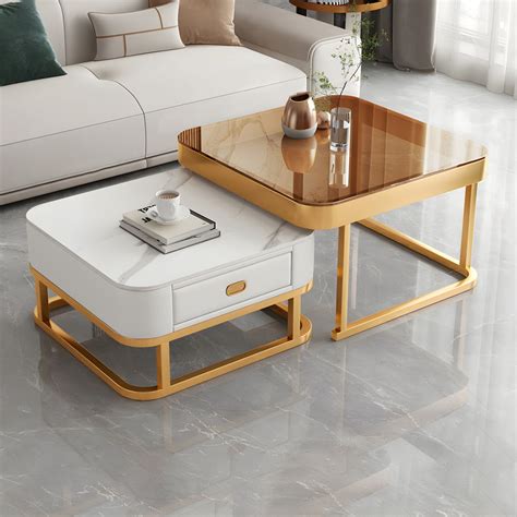 Frame Square Coffee Table Set Glam Nesting Coffee Table Set With Drawer Gray White Black 28l