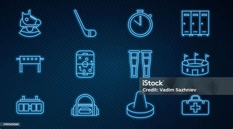 세트 라인 응급 처치 키트 하키 경기장 스톱워치 계획 전략 테이블 스케이트 목발 또는 목발 및 아이스 하키 스틱 아이콘 벡터 건강 진단에 대한 스톡 벡터 아트 및 기타