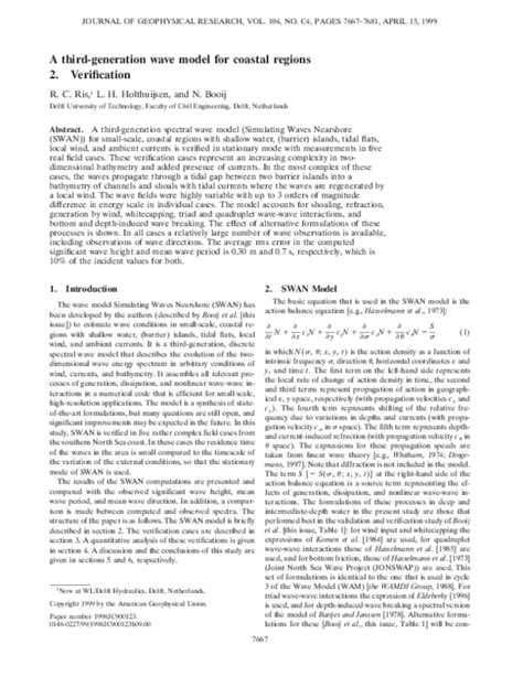 Pdf A Third Generation Wave Model For Coastal Regions Part I Model Description And Validation