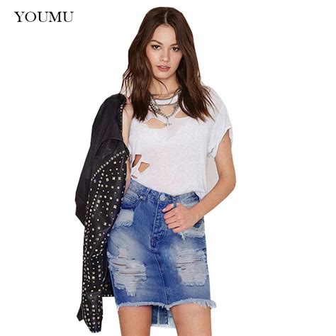Womens Ripped Holes Irregular Denim Skirt Summer Slim High Waist Split