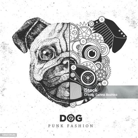 사실적이고 펑크 스타일의 퍼그 개 얼굴 일러스트 퍼그 개 얼굴 실루엣과 기어 벡터 일러스트레이션 강아지 개에 대한 스톡 벡터 아트 및 기타 이미지 Istock