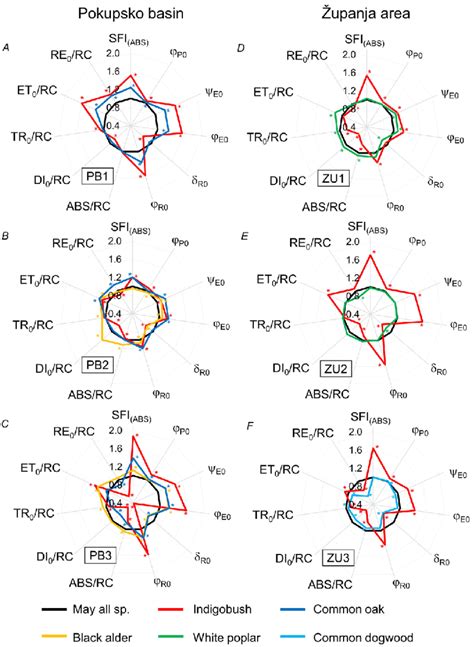 spider plots of normalised values of selected chlorophyll a