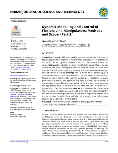 Pdf Dynamic Modelling And Control Of Flexible Link Manipulators Methods And Scope Part 2