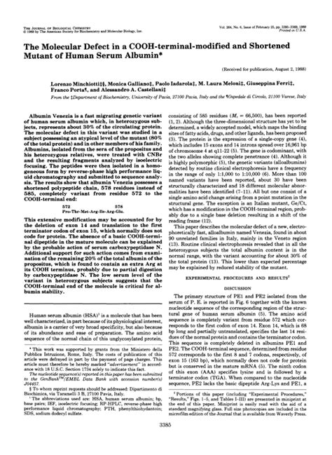 Pdf The Molecular Defect In A Cooh Terminal Modified And Shortened Mutant Of Human Serum Albumin