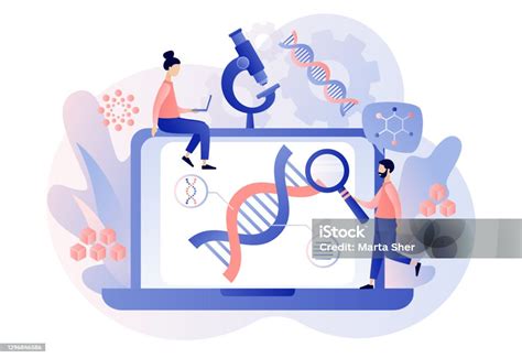 생명 공학 작은 사람들은 현미경과 노트북을 사용하여 Dna를 연구합니다 과학 실험실 연구 유전자 검사 화학 Gmo 생명 공학 및