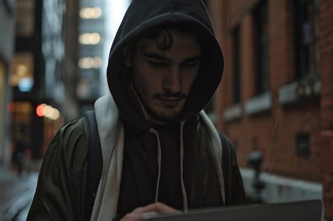 Premium Photo A Man Is Working On A Laptop Hacker With Headphones On