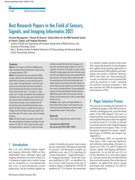 Pdf Best Research Papers In The Field Of Sensors Signals And Imaging Informatics 2021