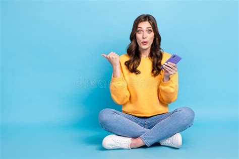 Full Length Photo Of Funny Impressed Lady Wear Yellow Sweater Typing