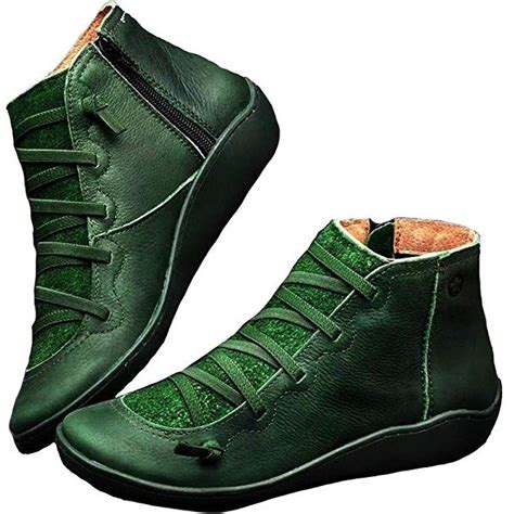 Women Flat Ankle Boots Faux Leather Arch Support Boots Vintage Lace Up