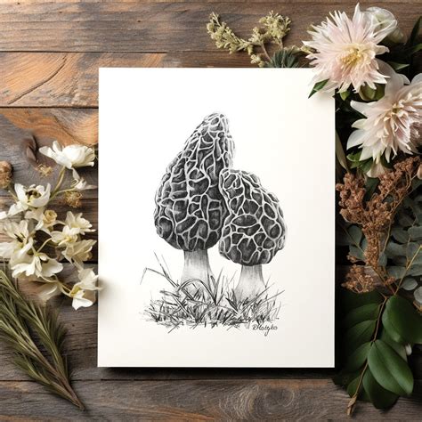 Original Morel Mushroom Pencil Drawing Fungi Wall Art Forest Woodland