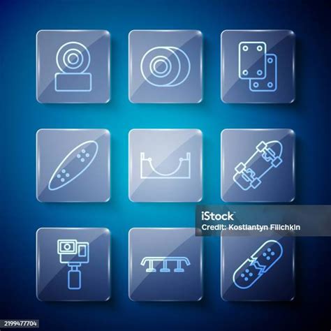 세트 라인 액션 카메라 레일이 있는 스케이트보드 계단 깨진 스케이트보드 데크 무릎 패드 공원 롱보드 또는 바퀴 및 아이콘 벡터 거리에 대한 스톡 벡터 아트 및 기타 이미지