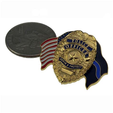 Police Officer Mini Badge Pin With Thin Blue Line And Us Flag