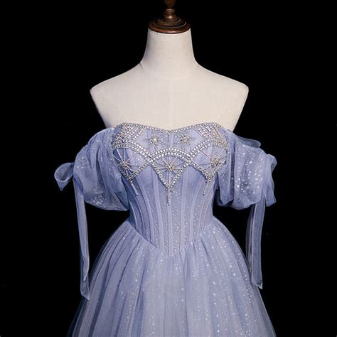 A Line Off Shoulder Ice Blue Prom Dress Gown Sparkly Beaded Etsy