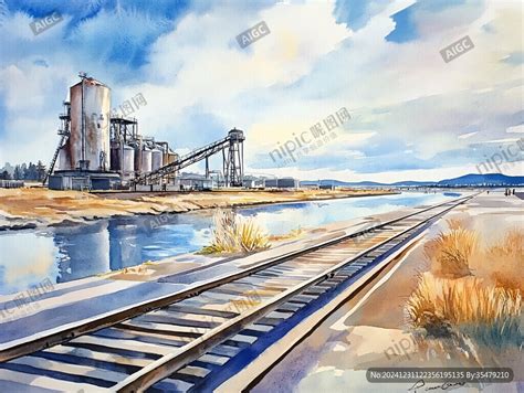 AI创作图工业生产油画 怀旧水泥厂 厚涂景色 王家坝闸插画 风景厚涂 西北工业大学插画水彩 河流水泥厂 矿石运输铁路 宁夏大学插画水彩 水彩
