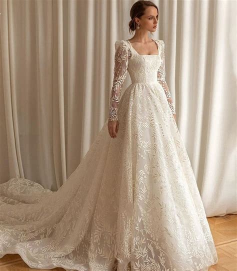 Lace A Line Princess Wedding Dress Long Sleeves Square Collar Bridal