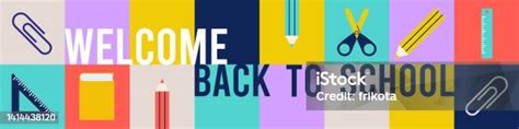 학교 배경에 오신 것을 환영합니다 다채로운 기하학적 수평 배너 학교 용품 문구 아이콘 교육의 개념 벡터 일러스트 레이 션 평면 디자인 신학기에 대한 스톡 벡터 아트 및 기타