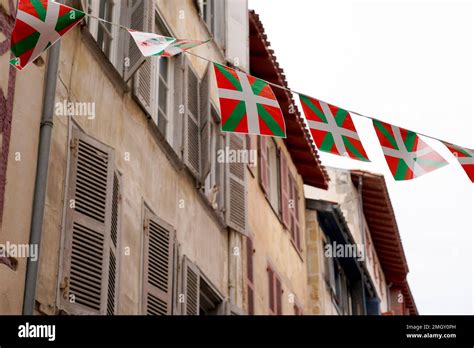 Flag Basque In Street With Old House Beautiful Traditional Bask Housing