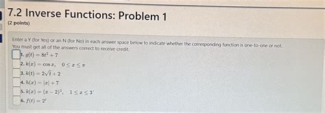 Solved 72 Inverse Functions Problem 1 2 Points Enter A Y