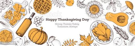 추수 감사절 음식 배너 디자인 추수 감사절 그림 음식 손으로 그린 스케치 칠면조와 축제 저녁 식사 가을 음식 스케치 새겨진 이미지입니다 벡터 추수 감사절 배경 추수감사절에