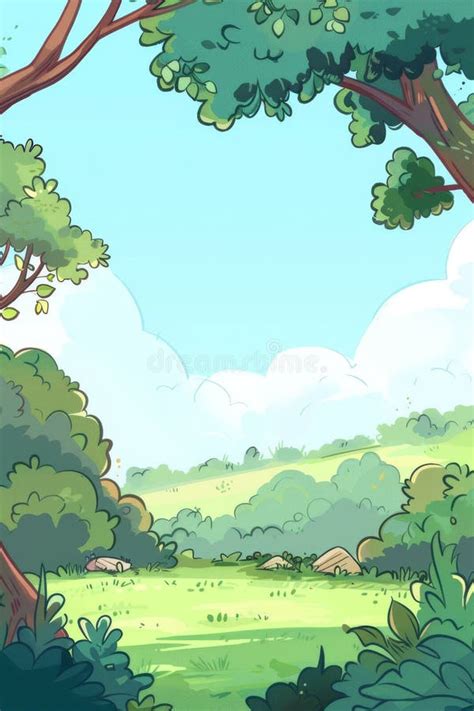 Sunny Cartoon Forest Landscape With Lush Greenery Trees And Clear