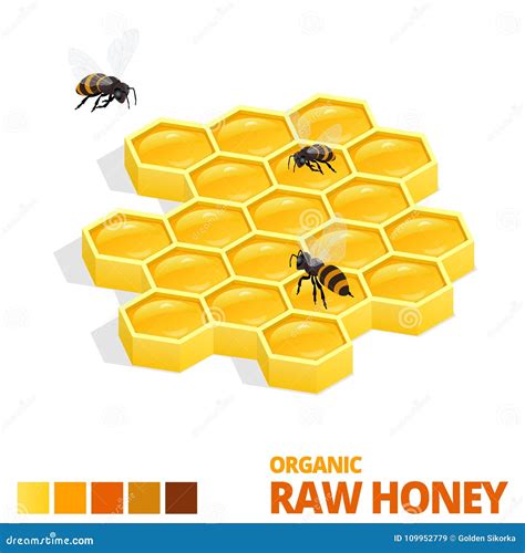Panal Y Abejas Dulces Isométricos Miel Sin Procesar Ejemplo Del Vector