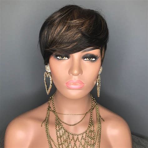Hotkis Pixie Wigs For Blakc Women Short Human Hair Wigs Short Brown