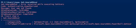 powershell get azuredomain getazureaduser etc return authentication