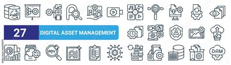 Set Of 27 Outline Web Digital Asset Management Icons Such As Analyzing Presentations Digital