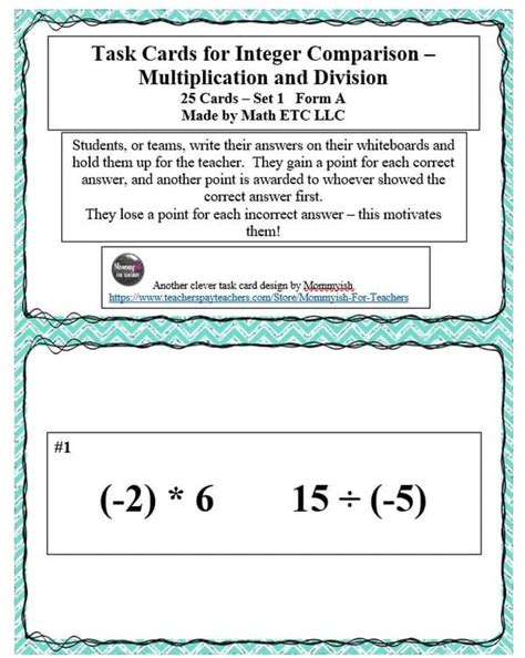 Flash Cards For Integer Comparison Multiplication And Division By Mary