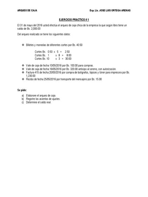 Arqueos De Caja Chica Y Sus Ajustes Pdf Bancario Economias