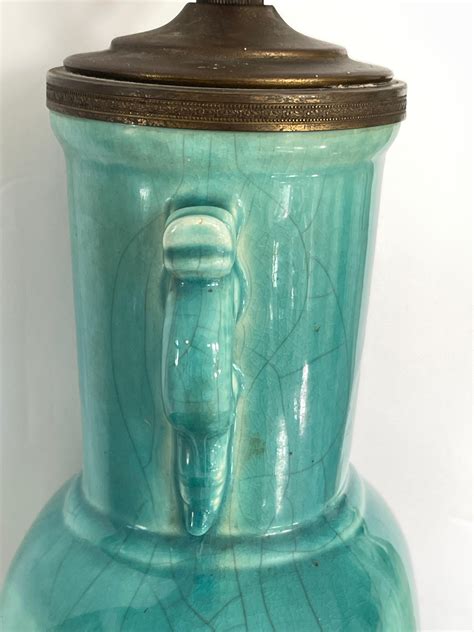Chinese Art Deco Turquoise Craquelure Porcelain Vase Lamp For Sale At